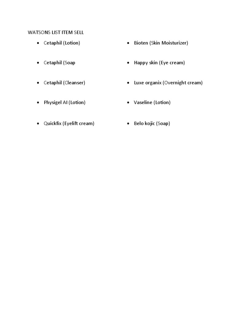 Watsons List Item Sell 1 | PDF | Wellness