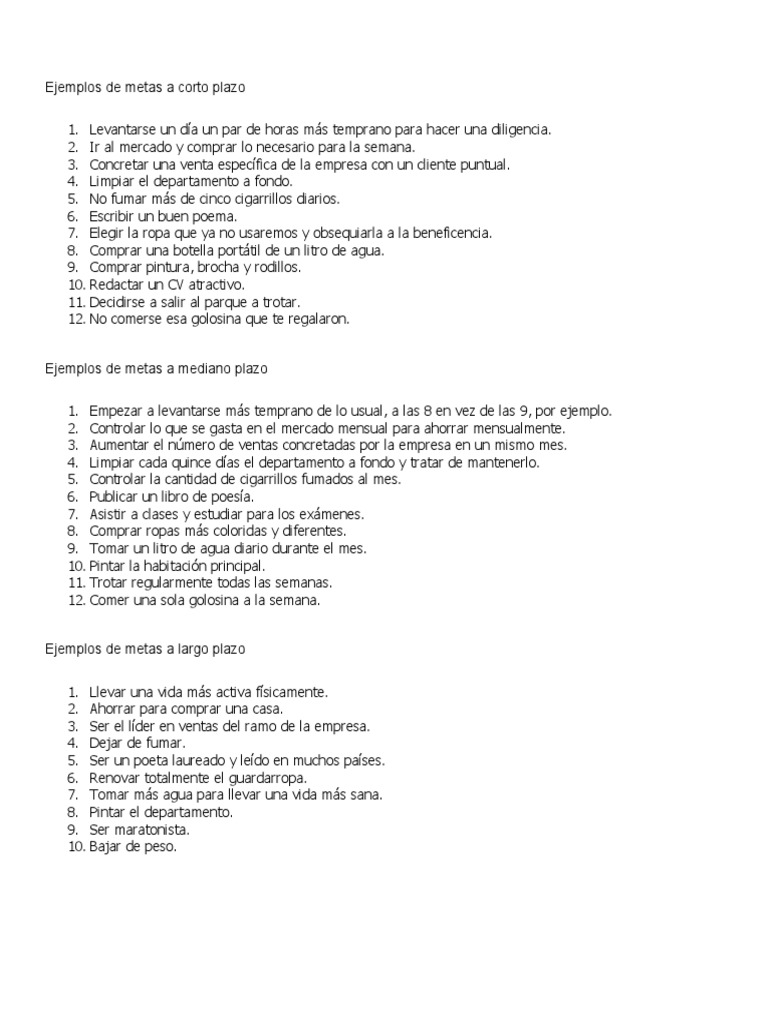 Ejemplos de metas a corto plazo | PDF | Relaciones personales, crianza ...