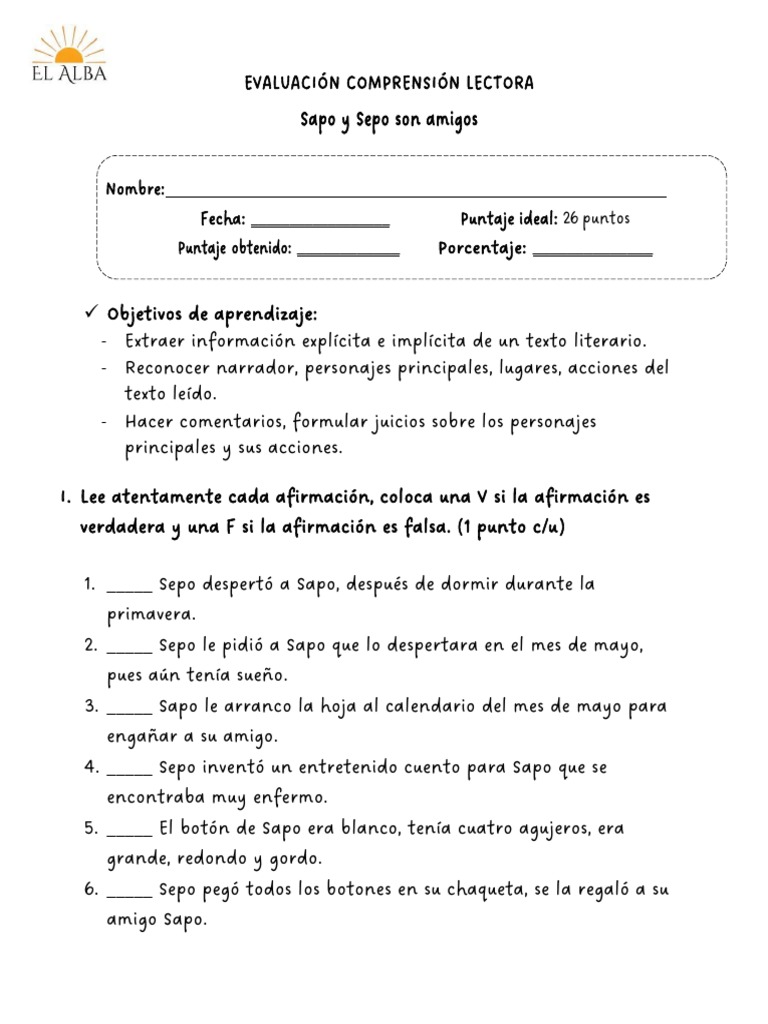 Evaluación: Sapo y Sepo, amigos | PDF | Estudios de idiomas extranjeros