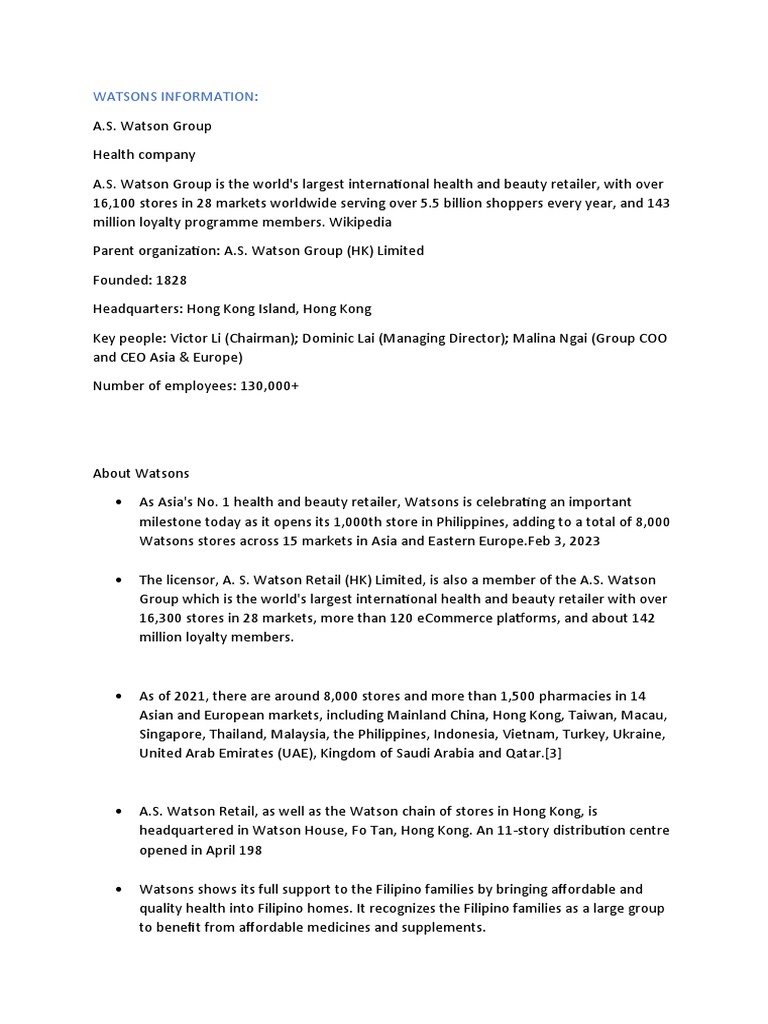 Watsons Information Pdf