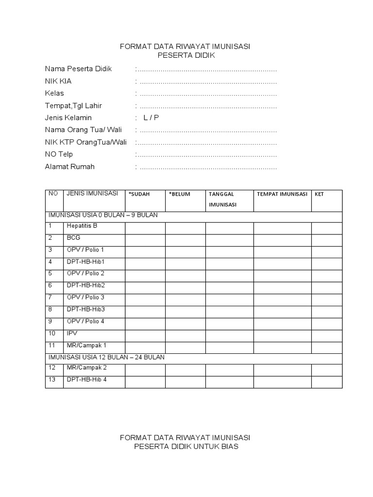 Format Data Riwayat Imunisasi Bias Sekolah Puskesmas Pdf
