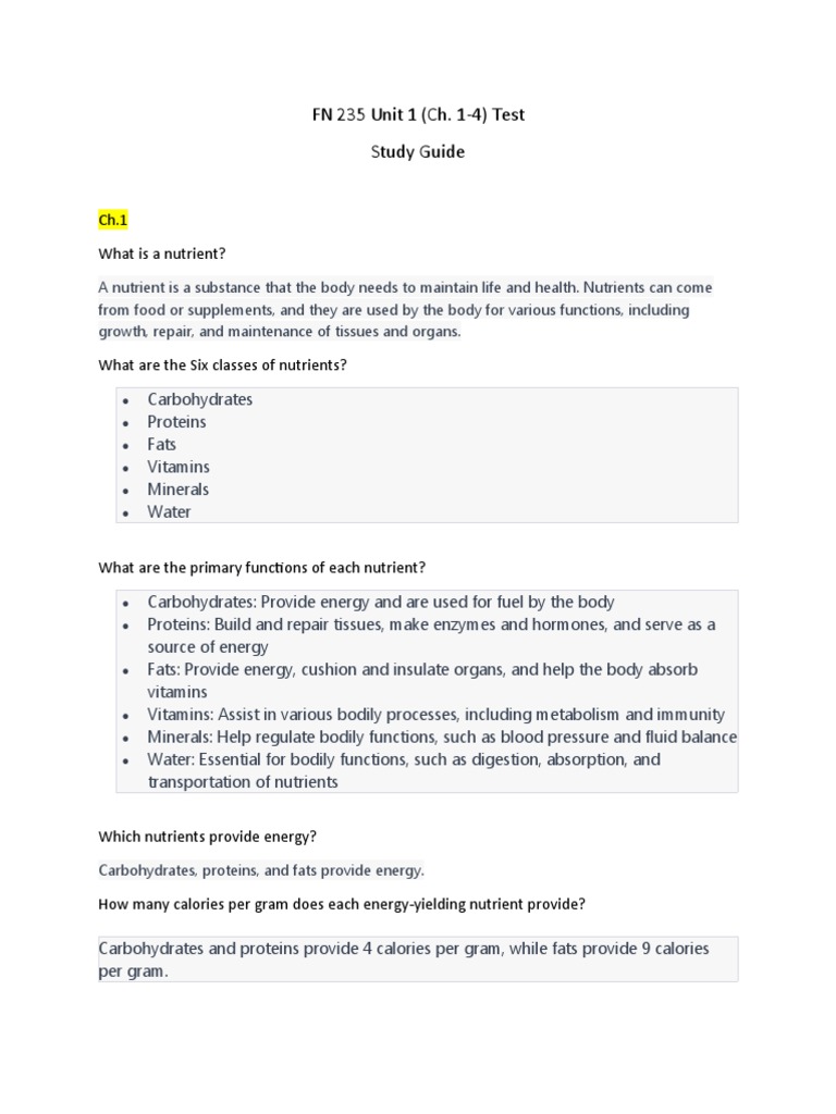 FN 235 Study Guide For Unit 1 (Ch. 1-4) Test | PDF | Wellness