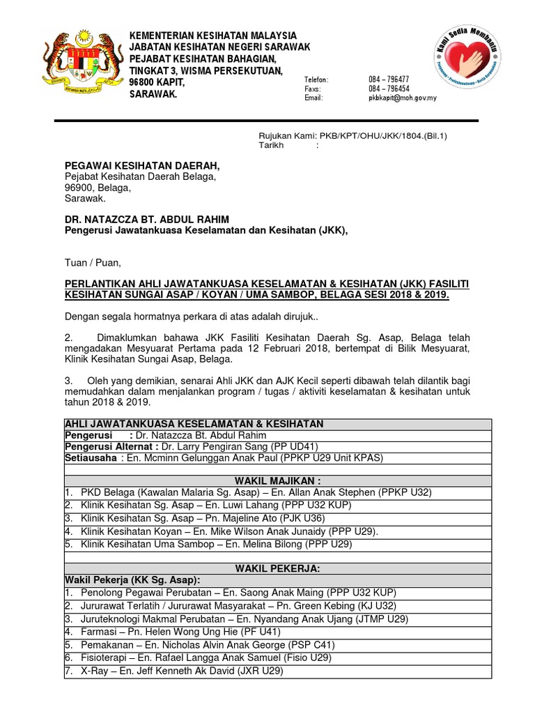 Surat Perlantikan JKK (19.03.2018) Dari DHO | PDF