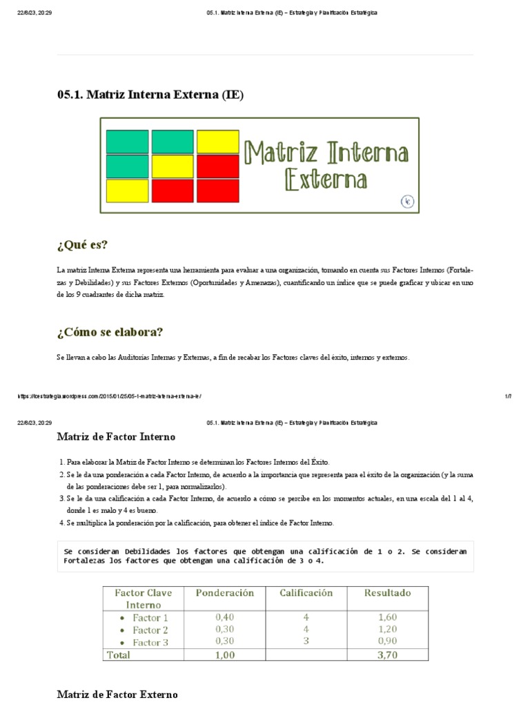 05.1. Matriz Interna Externa (IE) – Estrategia y Planificación ...