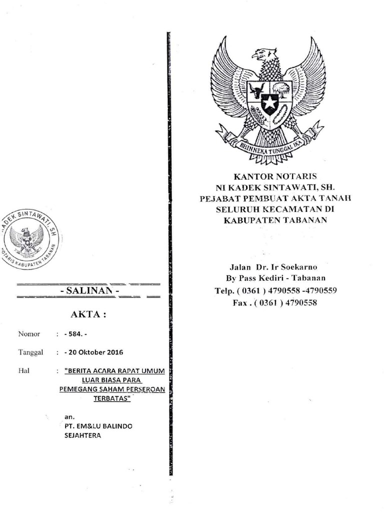 Salinan Akta PKR No 584 TH 2016 EM LU BALINDO SEJAHTERA | PDF