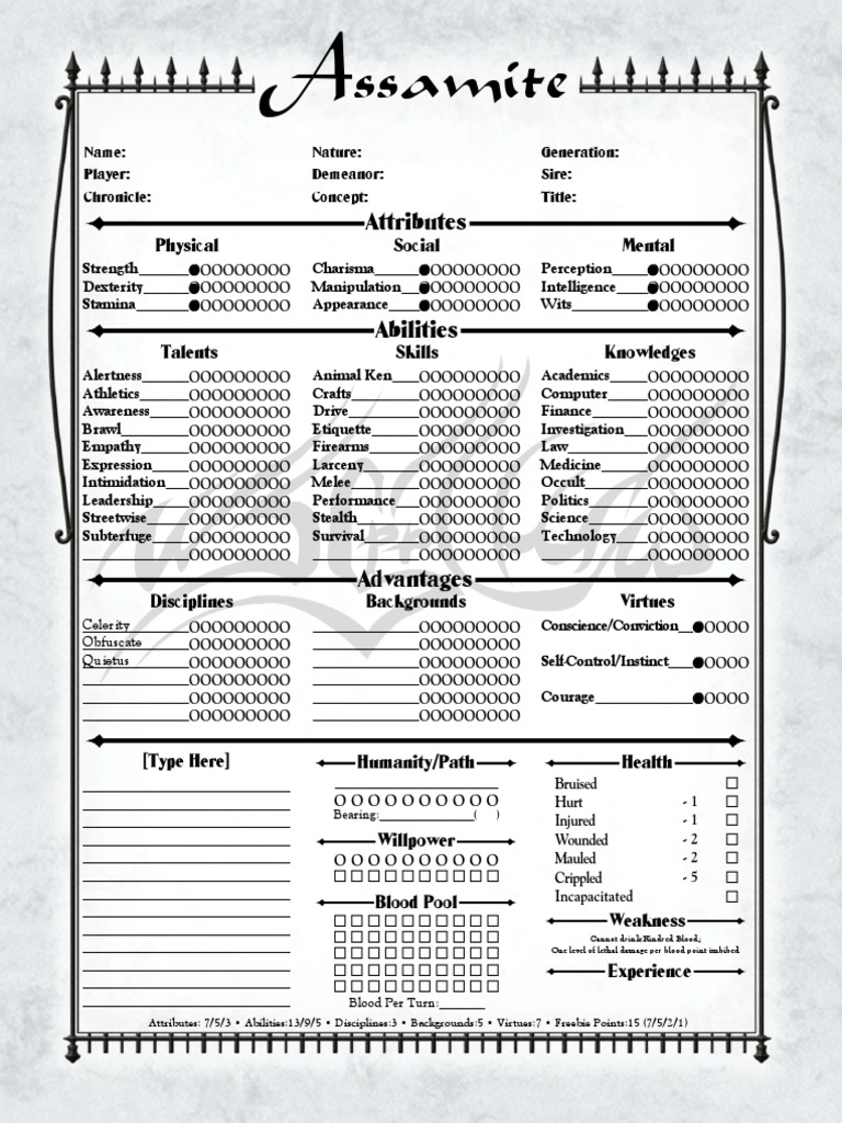Assamite Character Sheet Overview | PDF | Cognition | Behavioural Sciences