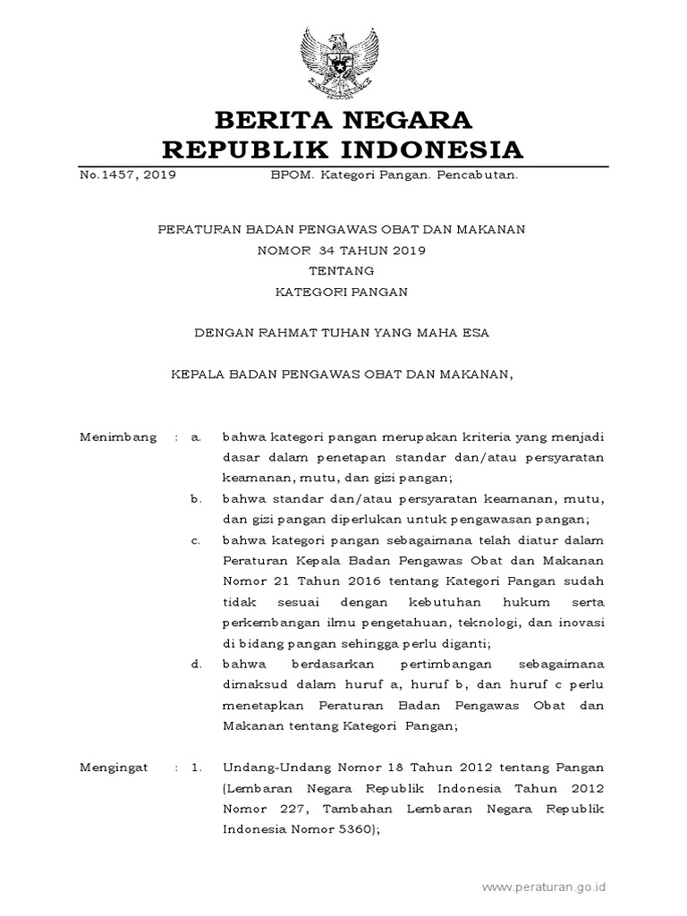 PerBPOM No 34 Tahun 2019 Tentang Kategori Pangan | PDF | Kesehatan Holistik