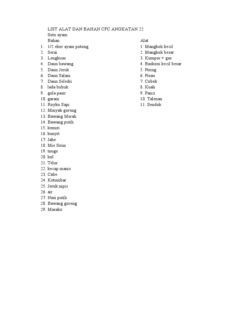 List Alat Dan Bahan CFC Angkatan 22 | PDF