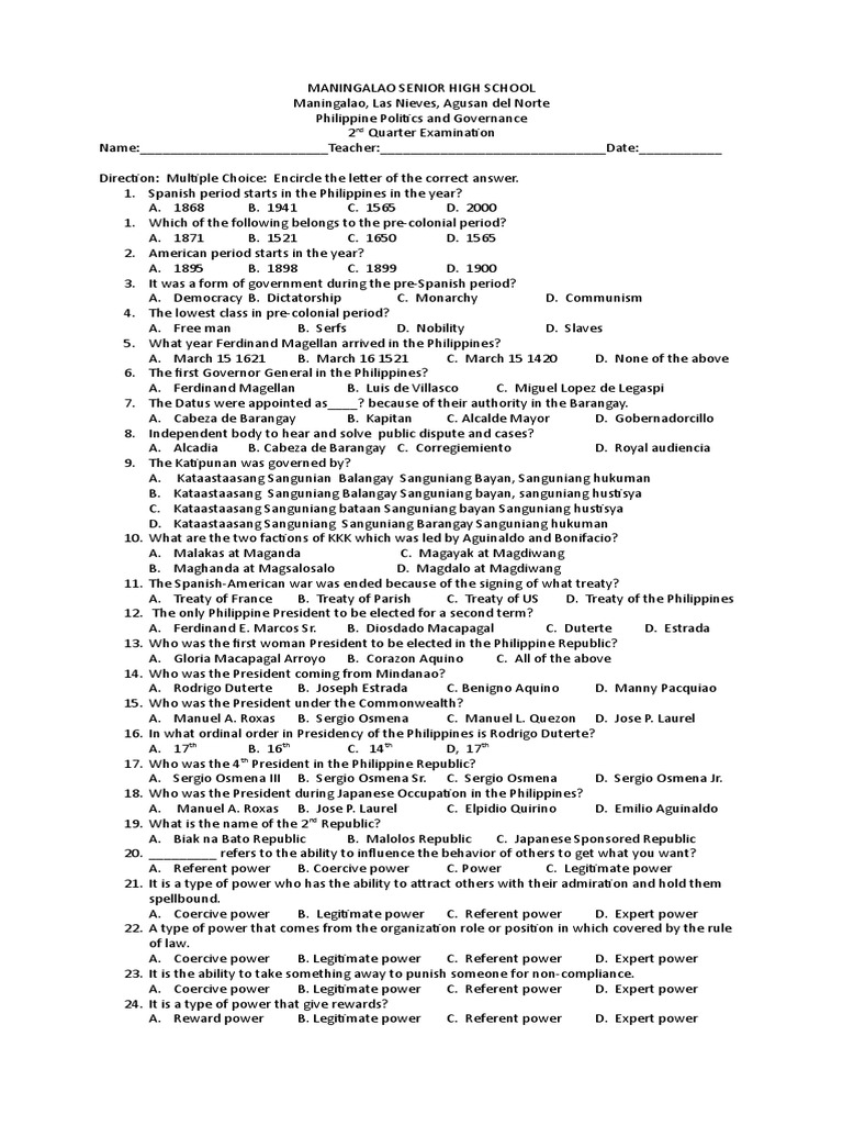 2nd Quarter Exam Philippine Politics | PDF