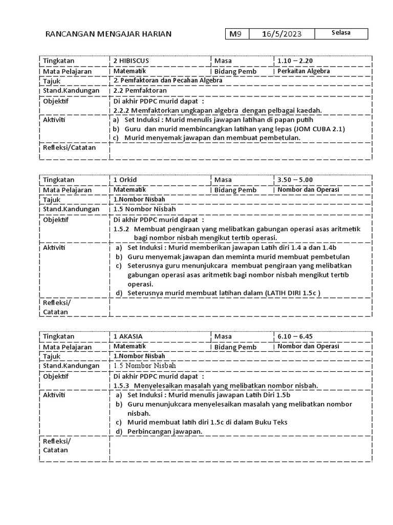 Rancangan Mengajar Harian M9 | PDF