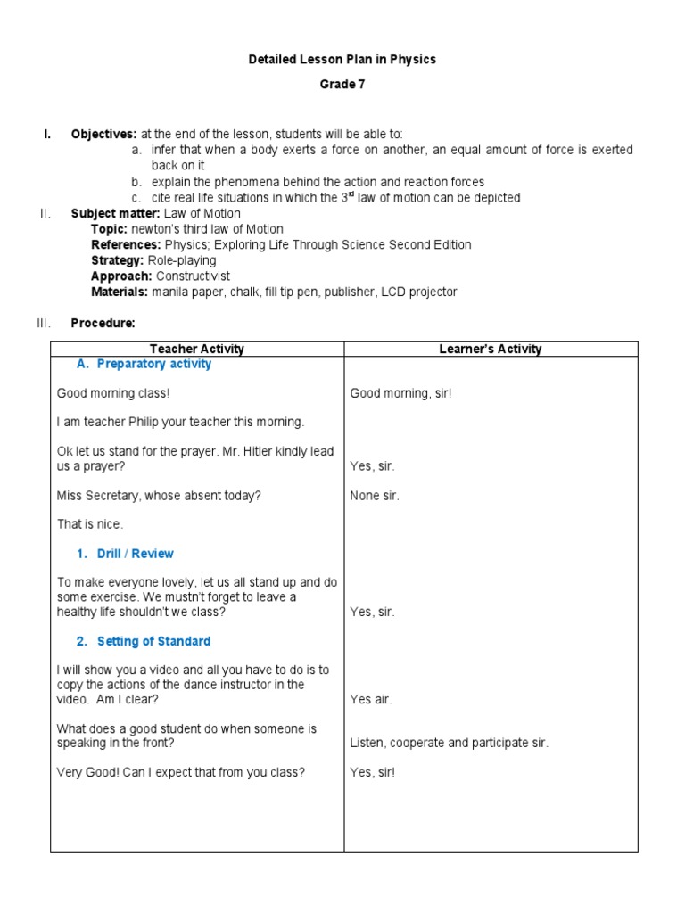 Detailed Lesson Plan in Physics | PDF | Force | Cognition