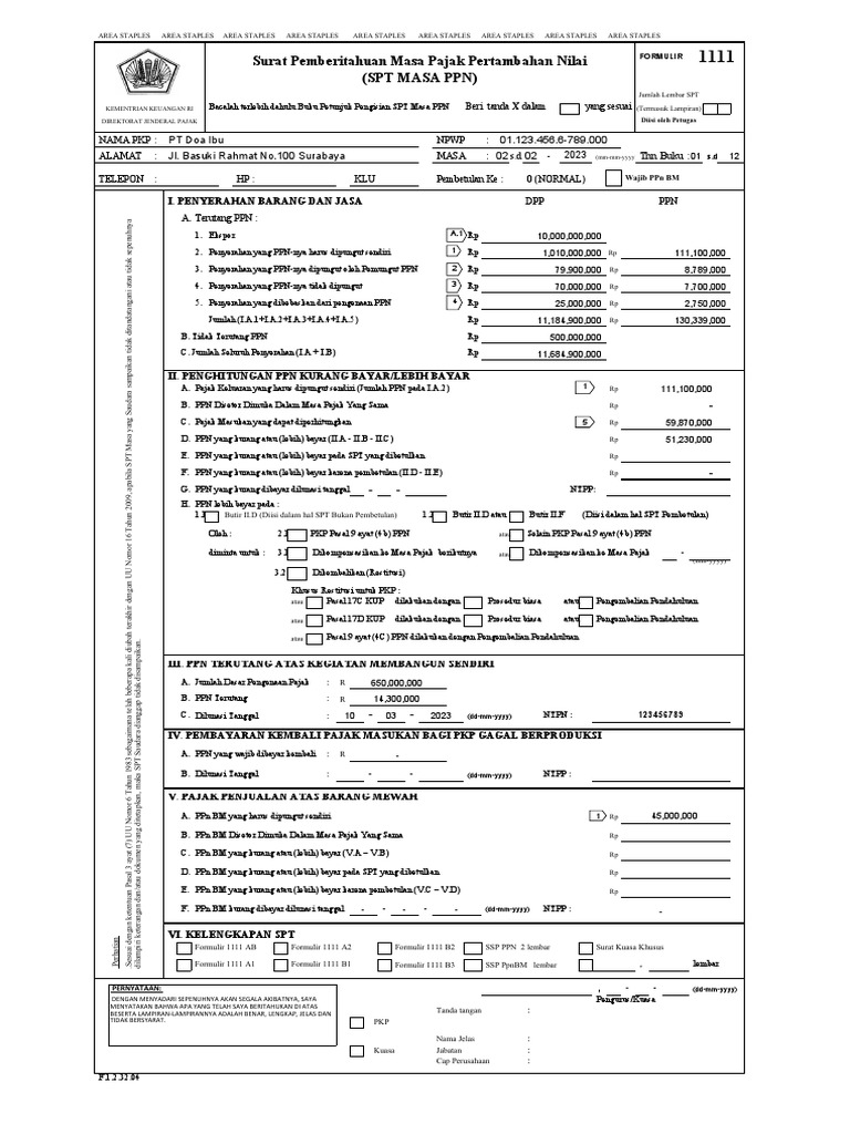 Contoh SPT Masa PPN 2023 | PDF