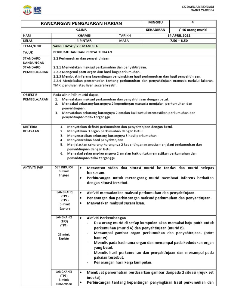 RPH Sains Tahun 4 Perkumuhan Dan Penyahtinjaan Lengkap | PDF