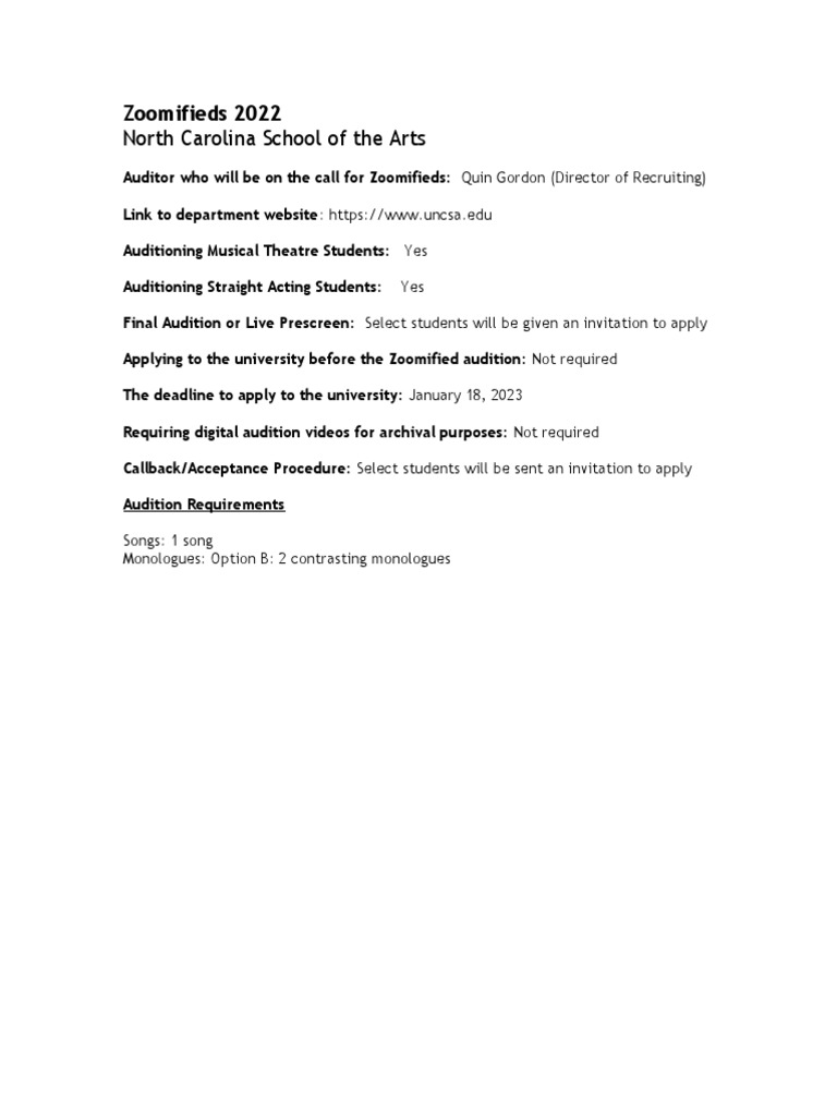 ZOOM North Carolina School of The Arts Reqs | PDF