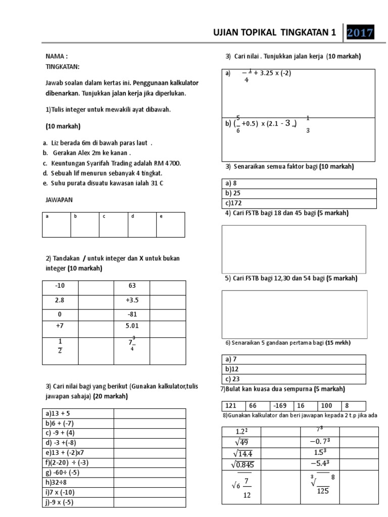 Latihan Topikal Matematik Tingkatan 1 | PDF