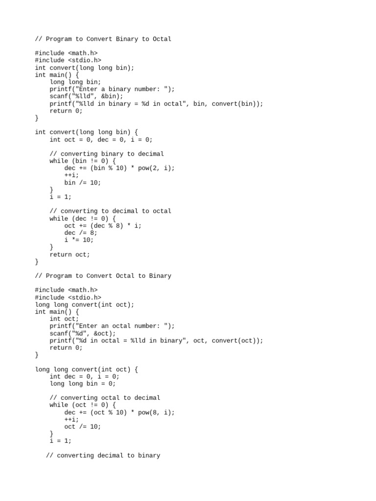 C Style Convert Binary Number To Octal And Vice Versa Pdf 