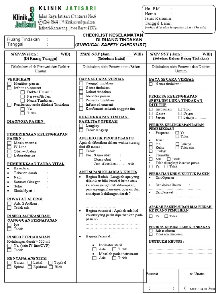Form Surgical Safety Checklist | PDF