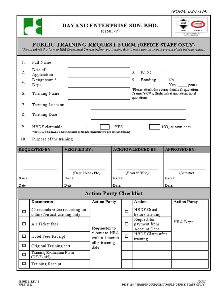 DE-F-134 Public Training Request Form | PDF | Service Industries | Business
