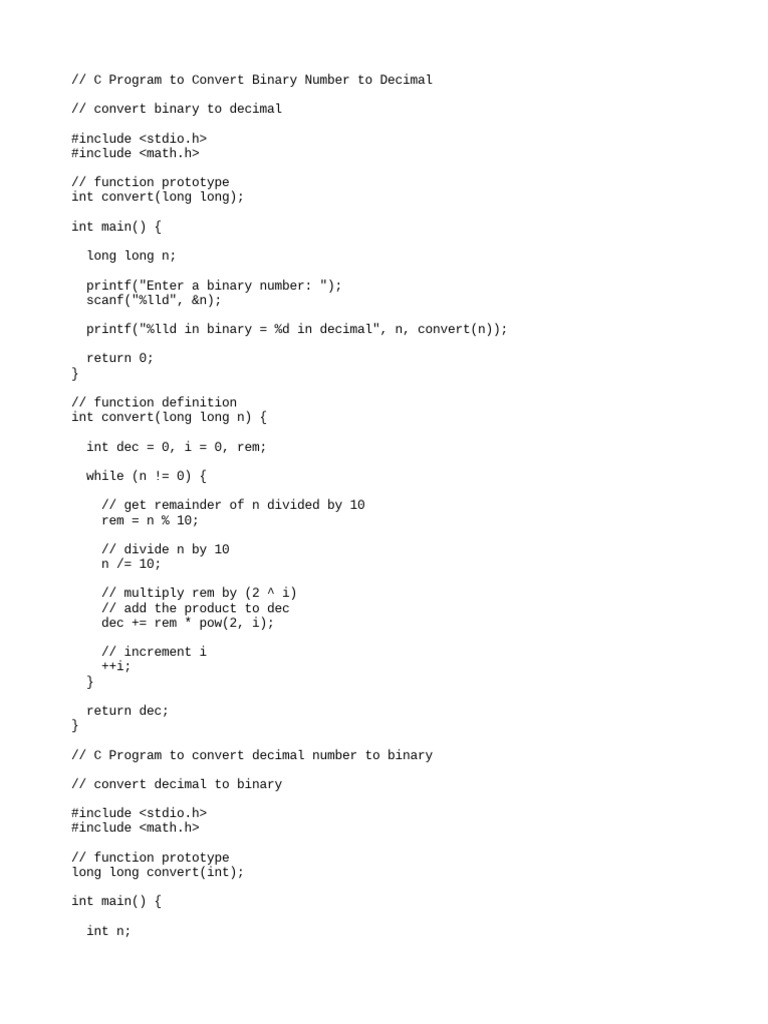 C Style Binary Number To Decimal and Vice-Versa | PDF