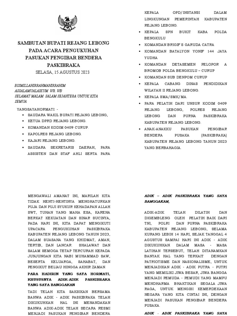 Kata Sambutan Bupati Pada PENGUKUHAN Paskibraka TH 2023 | PDF