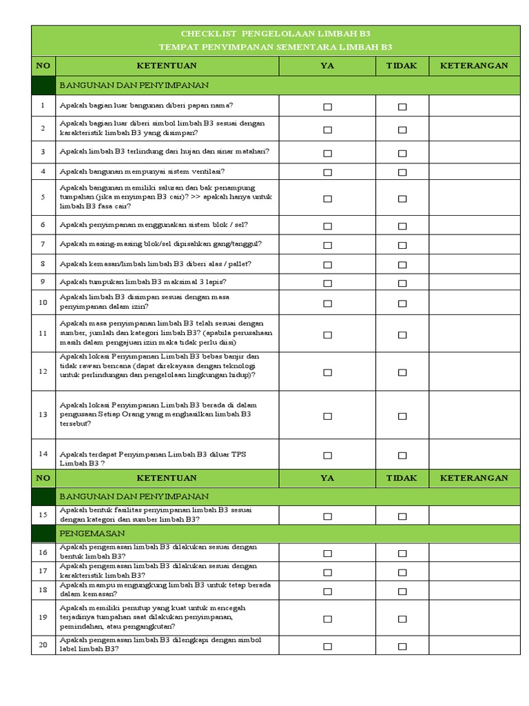 Checklist Form Kementrian Lingkungan Hidup Dan Kehutanan Pengawasan LB3 | PDF