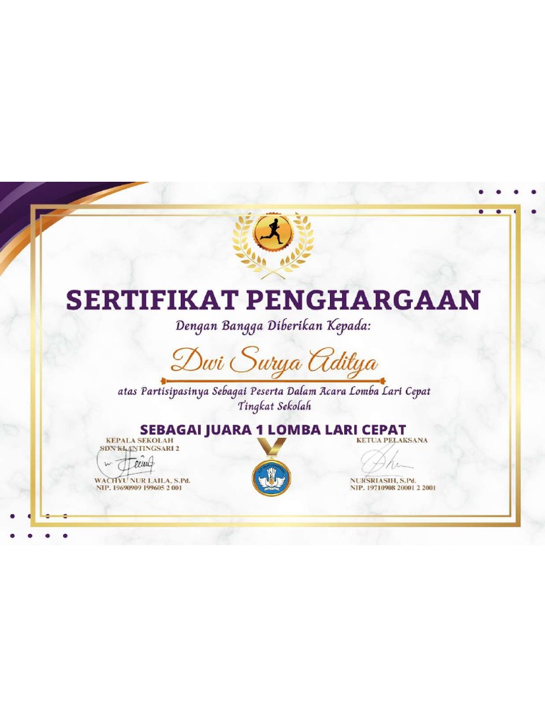 Sertifikat Penghargaan Lomba Lari Cepat Tingkat Sekolah Fix | PDF
