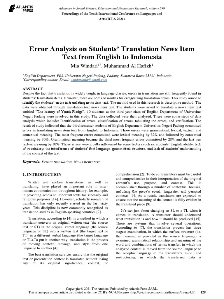 Error Analysis On Students' Translation News Item 2021 | PDF | Language ...