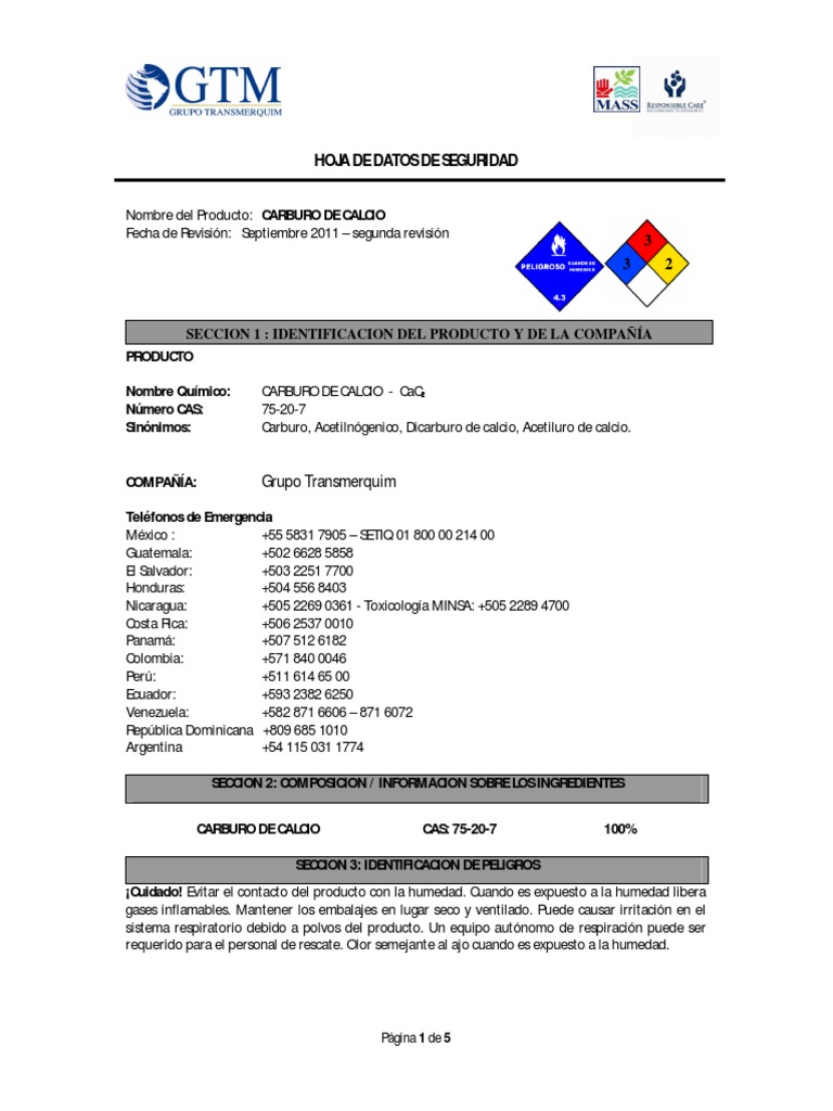 MSDS - Carburo de Calcio | PDF