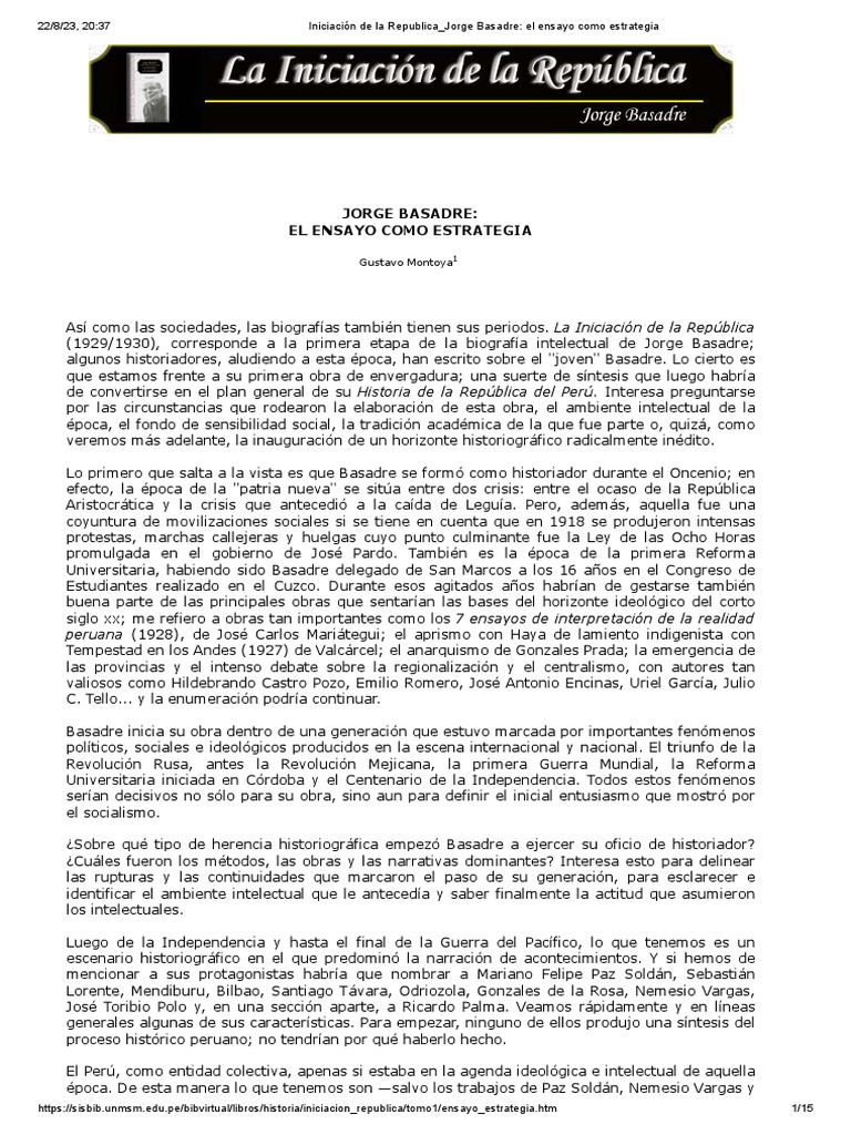 Iniciación de La Republica - Jorge Basadre - El Ensayo Como Estrategia | PDF | Perú