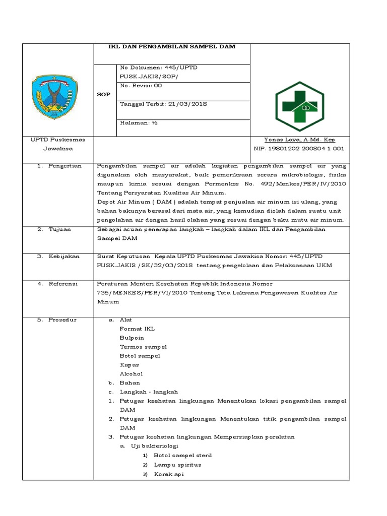 SOP IKL Dan Pengambilan Sampel DAM | PDF