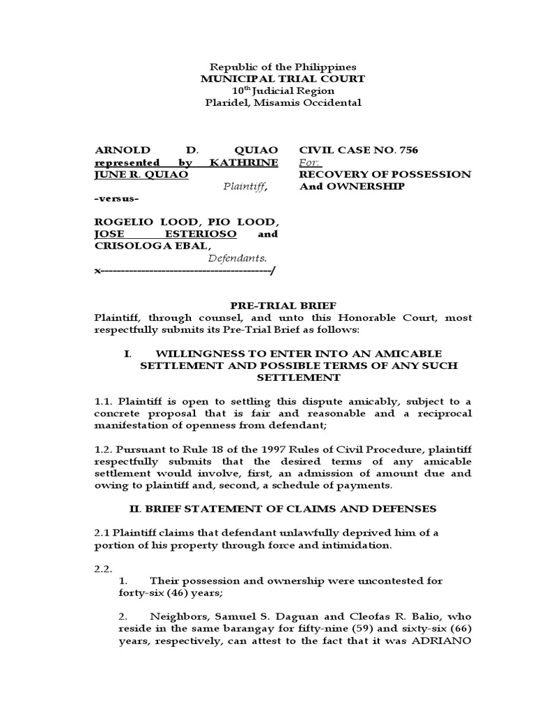 Pre-Trial Brief for Property Dispute Case | PDF | Law