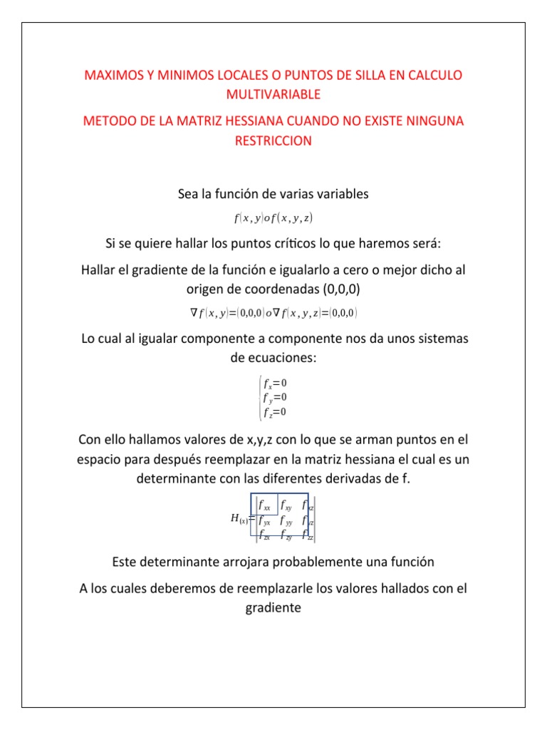 Maximos y Minimos Locales o Puntos de Silla en Calculo Multivariable | PDF