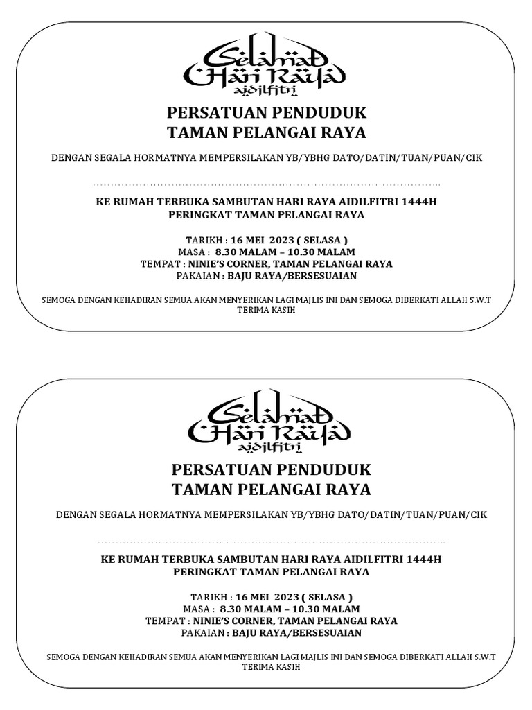 Kad Jemputan Jamuan Hari Raya 2023 | PDF