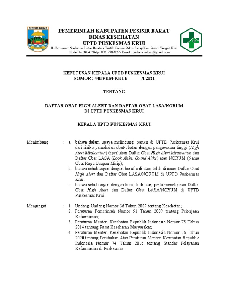 SK Daftar Obat Lasa Dan High Allert 2021 | PDF