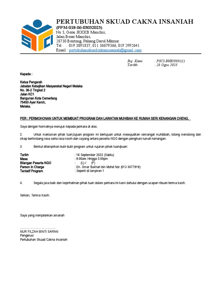 Surat Rasmi Permohonan Lawatan Rumah Kebajikan 2023 | PDF