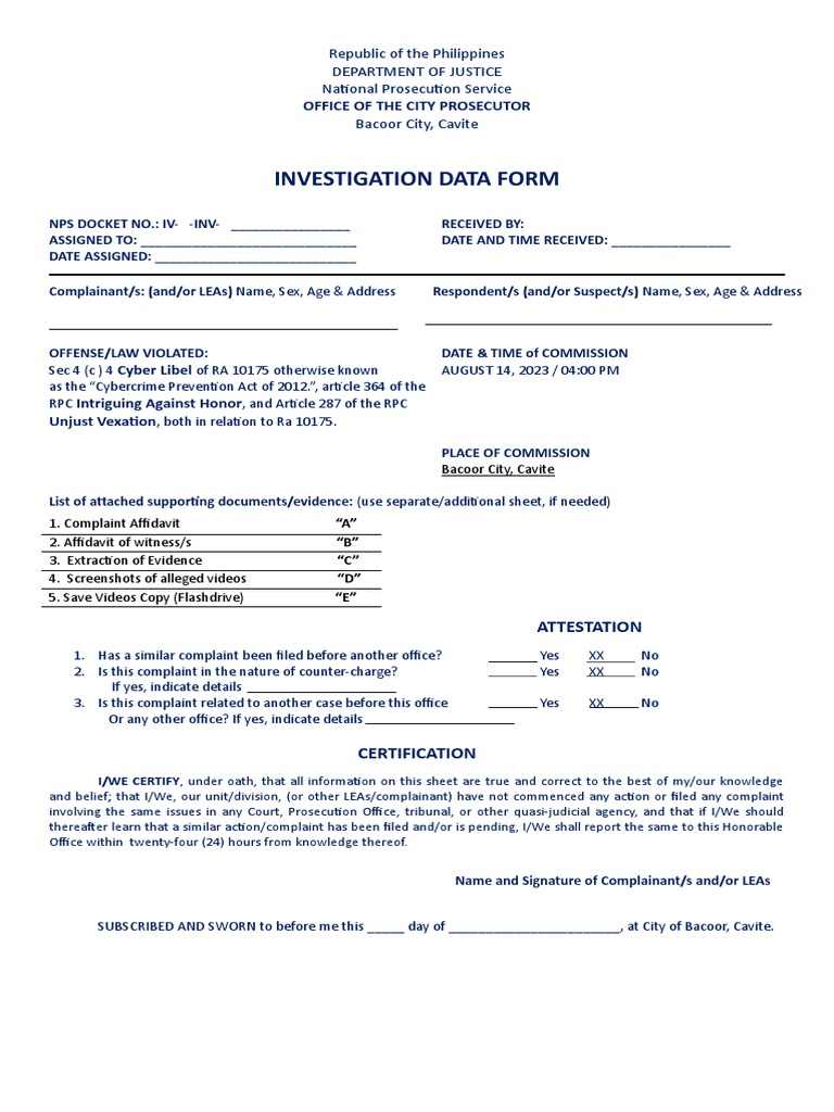 Investigation Data Form | PDF