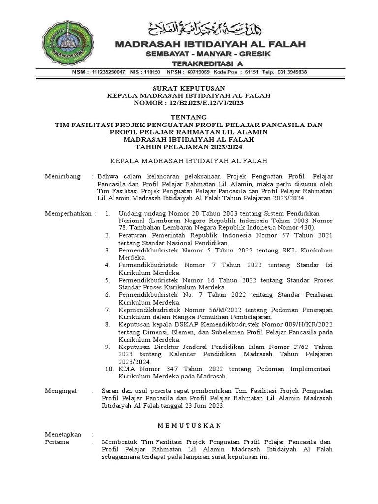 SK Tim Fasilitasi P5-PPRA MI Al Falah-1 | PDF
