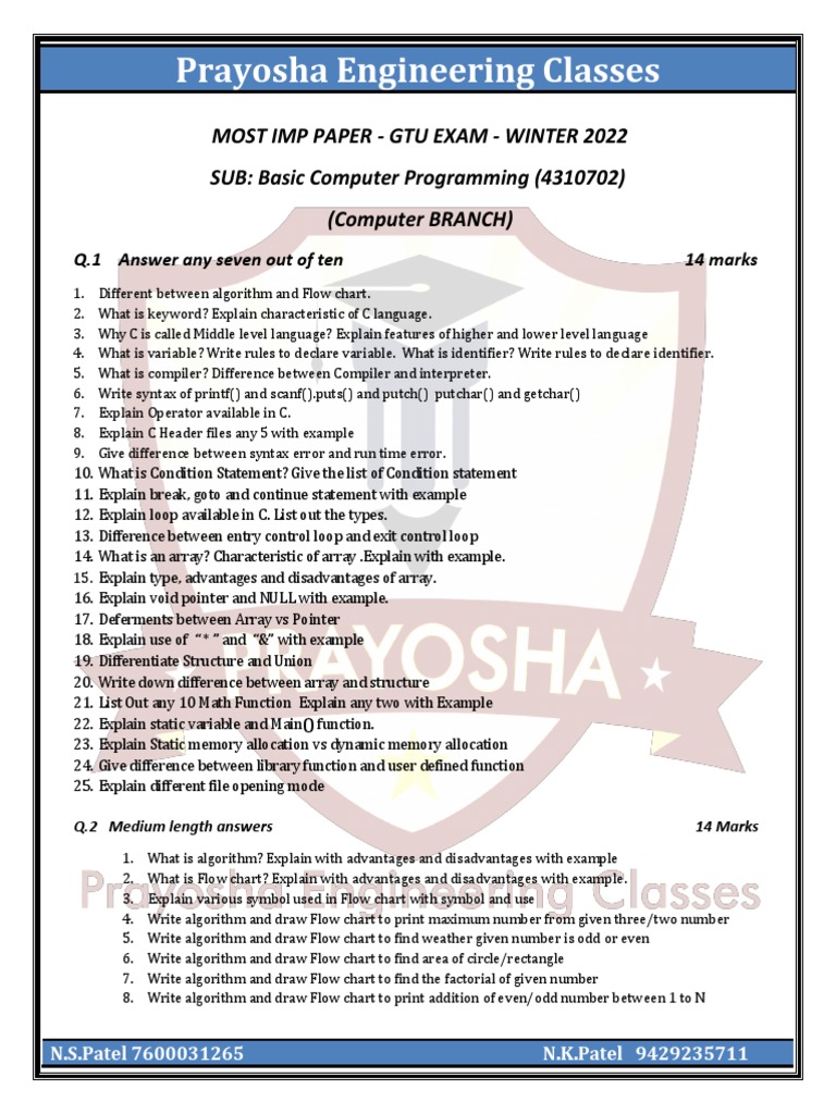 CP Most Imp Question Paper GTU | PDF | Pointer (Computer Programming) | Control Flow