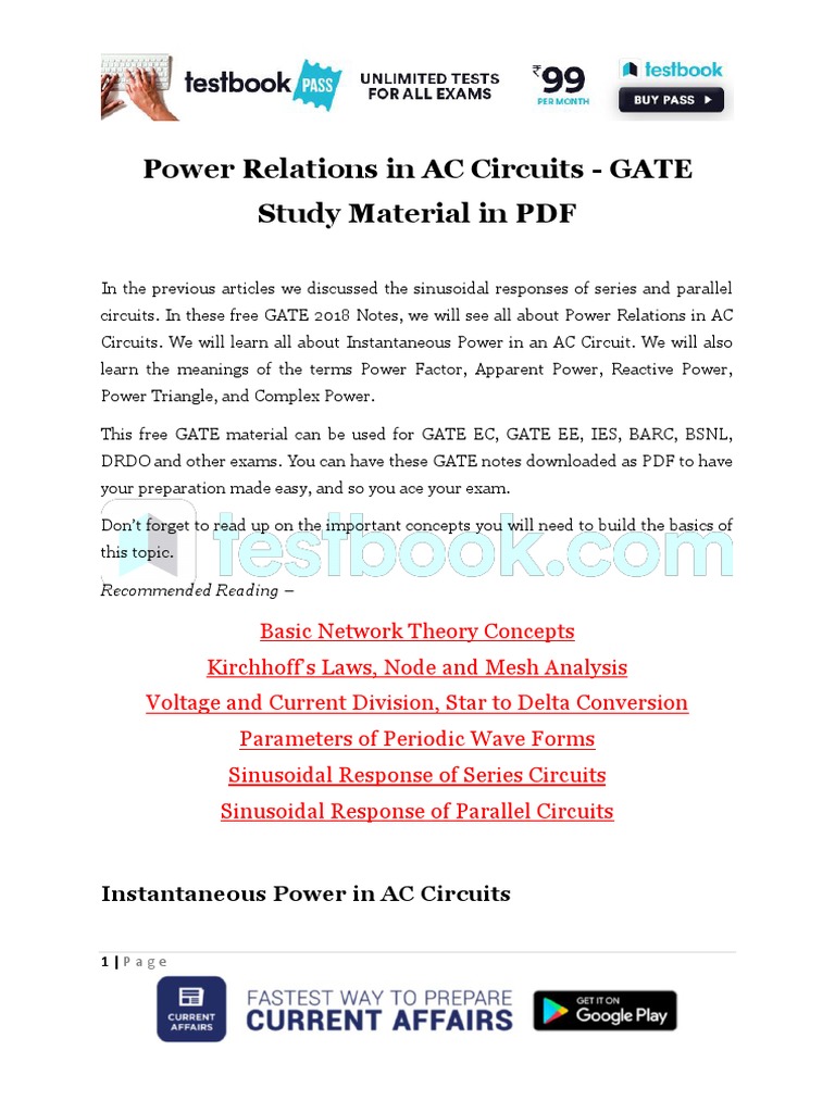AC Power Relations for GATE Prep | PDF | Ac Power | Electrical Network