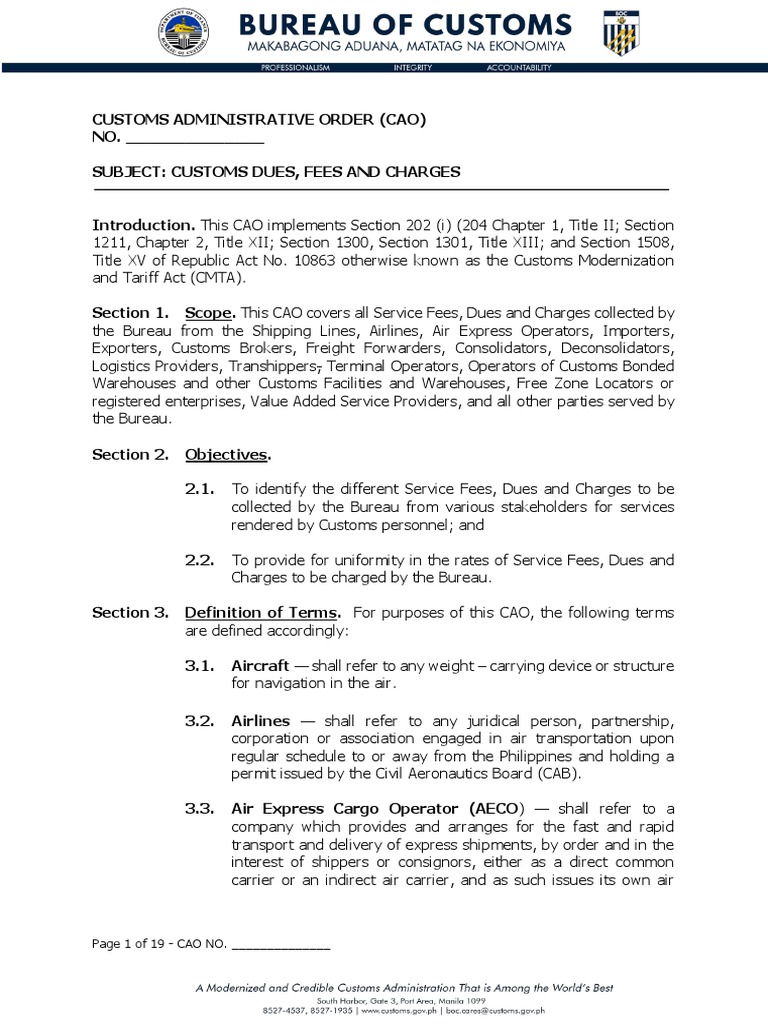 CMTA CAO Draft Review Customs-Dues-Service-Fees-and-Charges 8.7.23 1-1 ...