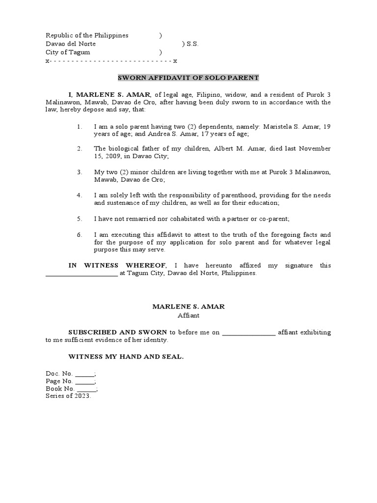 Affidavit of Solo Parent | PDF | Social Science | Law