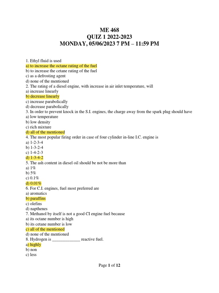 ME 468 ONLINE REGULAR QUIZ 1 2022 - 2023 Answers | PDF | Internal ...