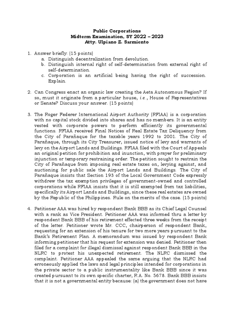 Public Corporations Midterm Examination, SY 2022 - 2023 Atty. Ulpiano Z. Sarmiento | PDF ...