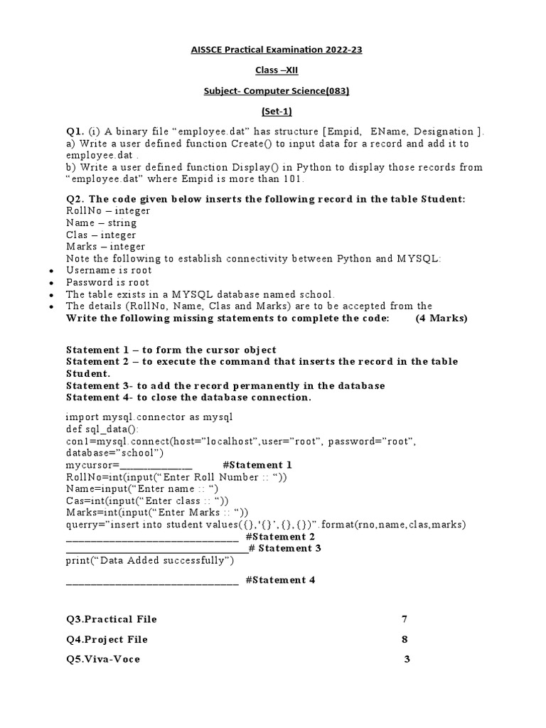 Aissce Comp Sci. (Set 1) Q.P. | PDF