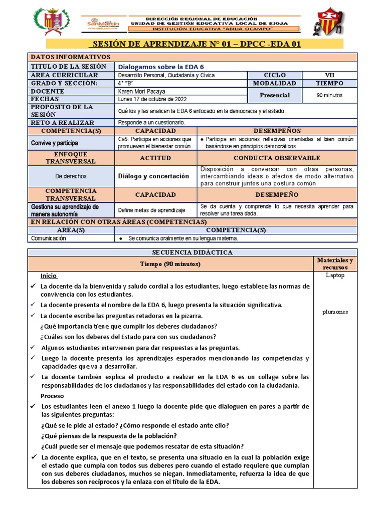 SESIÓN 1 DPCC EDA 6 4tob | PDF | Aprendizaje | Evaluación
