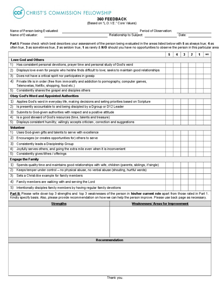 360 Degree Feedback Form LOVE Core Values | Download Free PDF ...