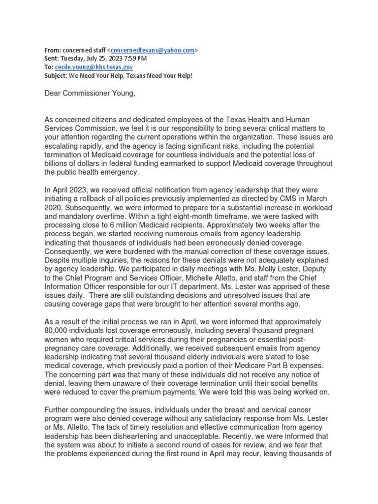 HHSC Employee Email Medicaid Redeterminations 7.25.23 | PDF