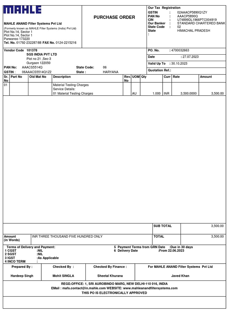 SGS PO Material Testing Charges | PDF