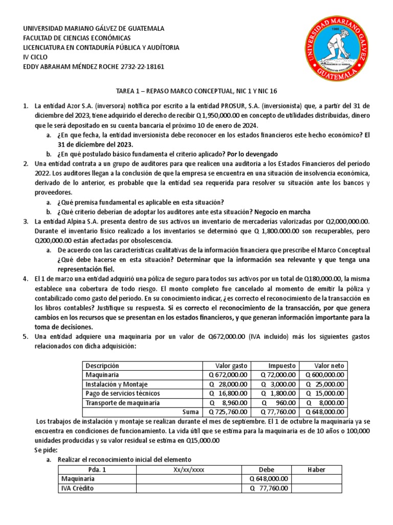 Tarea 1 - Casos Marco Conceptual - NIC 1 - NIC 16 - Eddy Mendez 2732-22 ...