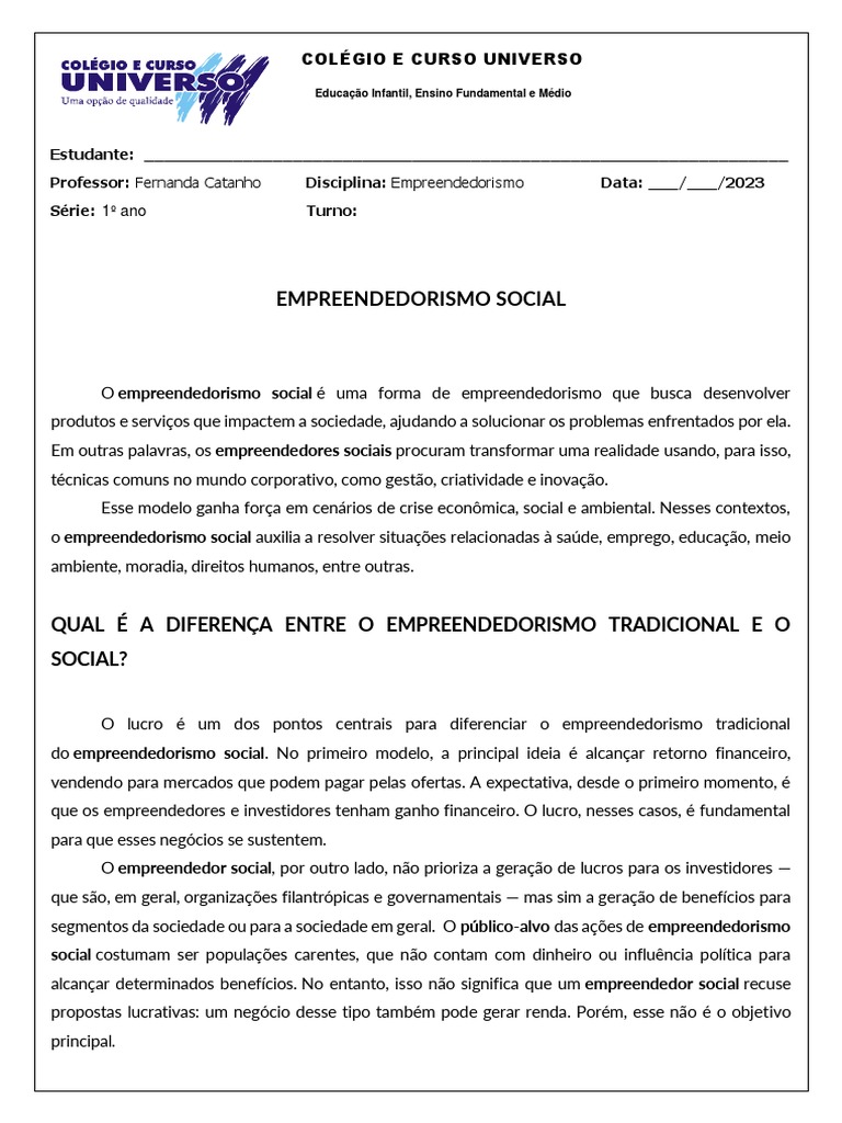 Ficha 2º ano - Empreendedorismo | PDF
